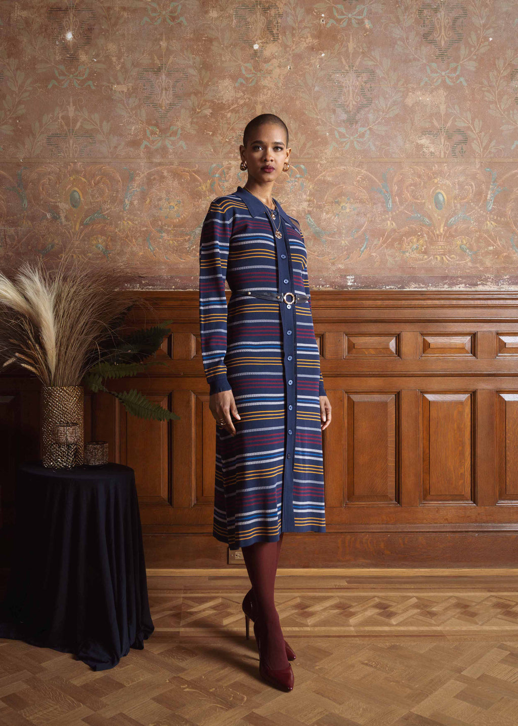 Pointelle Stripe Button Dress - Navy – Undra Celeste New York